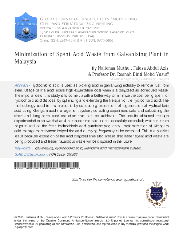 (PDF) Minimization of Spent Acid Waste from Galvanizing Plant in Malaysia