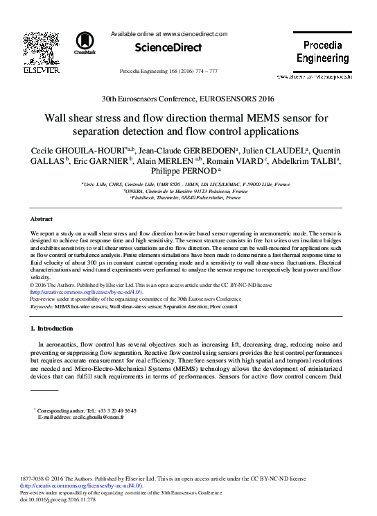 (PDF) Wall Shear Stress and Flow Direction Thermal MEMS Sensor for Separation Detection and Flow ...