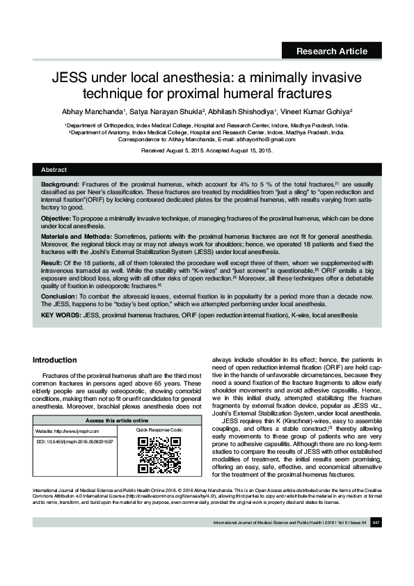 (PDF) JESS under local anesthesia: a minimally invasive technique for proximal humeral fractures