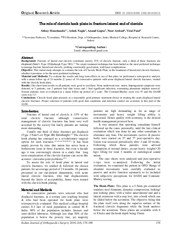 (PDF) The role of clavicle hook plate in fracture lateral end of clavicle
