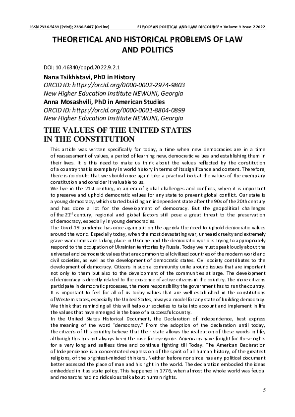 (PDF) The Values of the United States in the Constitution