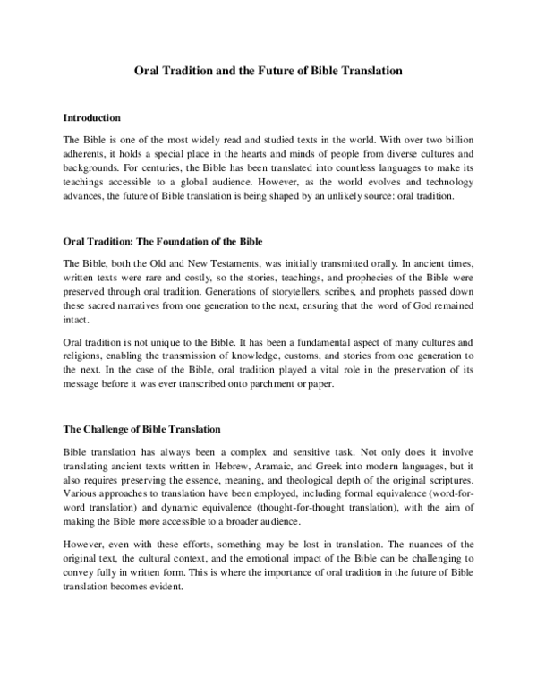 (PDF) Oral Tradition and the Future of Bible Translation