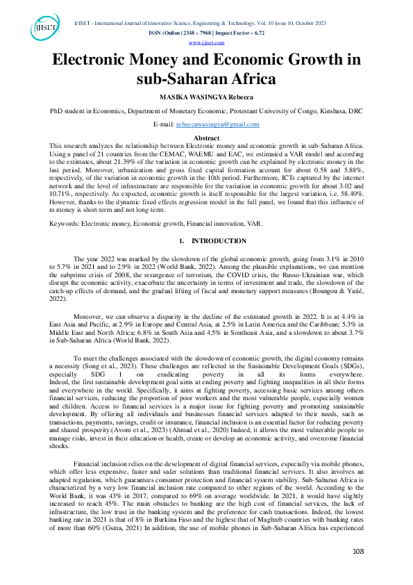 (PDF) Electronic Money and Economic Growth in sub-Saharan Africa
