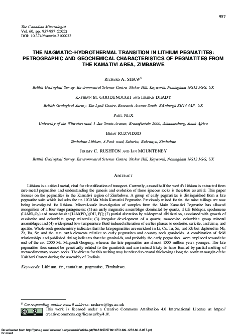 (PDF) The Magmatic–Hydrothermal Transition in Lithium Pegmatites ...