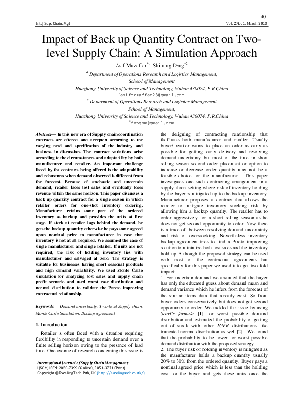 (PDF) Impact of Back up Quantity Contract on Two-level Supply Chain: A ...