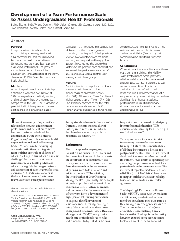 (PDF) Development of a Team Performance Scale to Assess Undergraduate ...