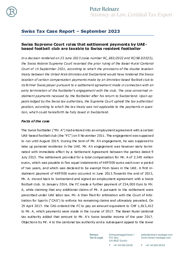 (PDF) Swiss Tax Case Report September 2023