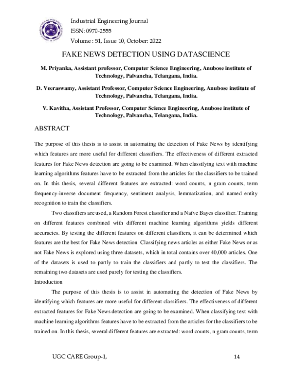 (PDF) FAKE NEWS DETECTION USING DATASCIENCE