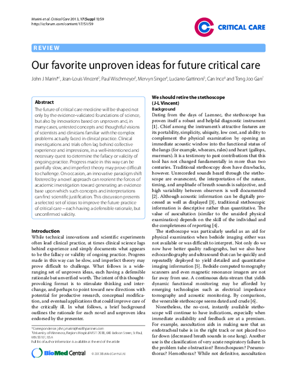 (PDF) Our favorite unproven ideas for future critical care | Can Ince ...