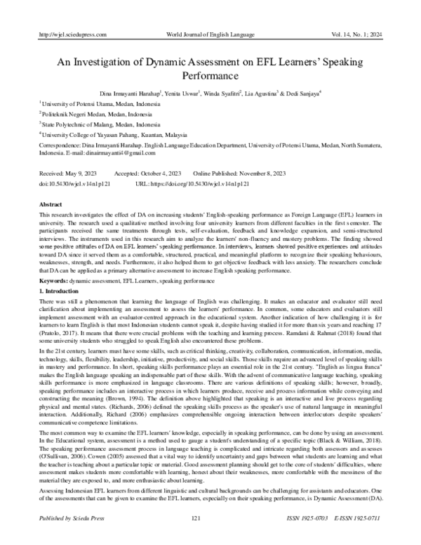 (PDF) An Investigation of Dynamic Assessment on EFL Learners’ Speaking Performance