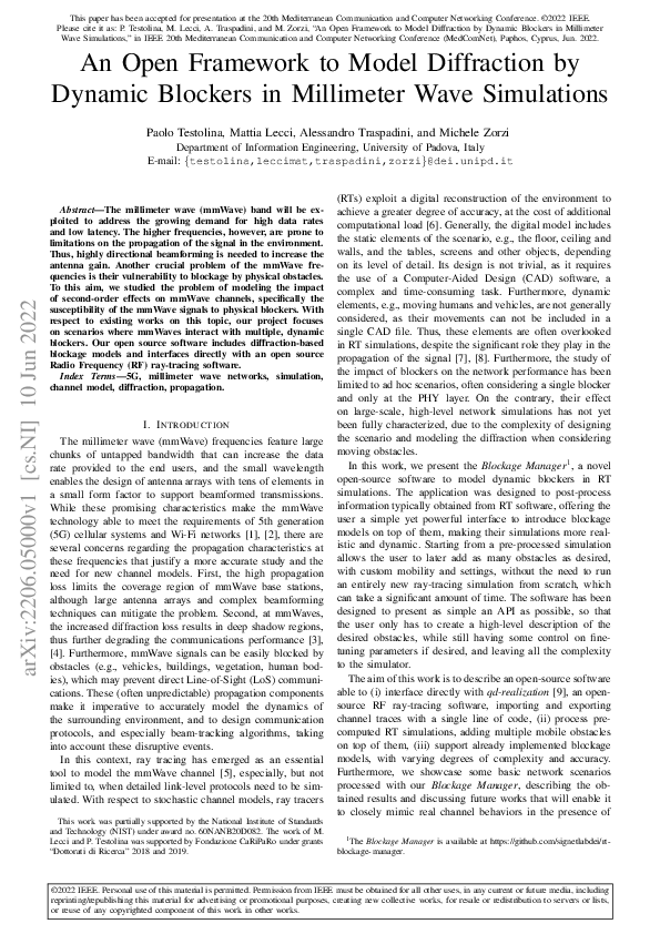 (PDF) An Open Framework to Model Diffraction by Dynamic Blockers in Millimeter Wave Simulations