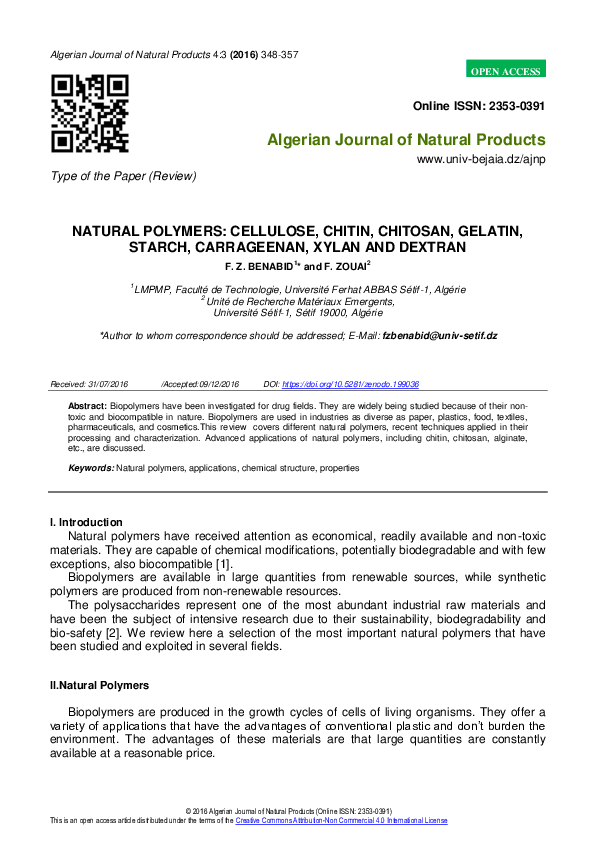 (PDF) Natural Polymers: Cellulose, Chitin, Chitosan, Gelatin, Starch, Carrageenan, Xylan and Dextran