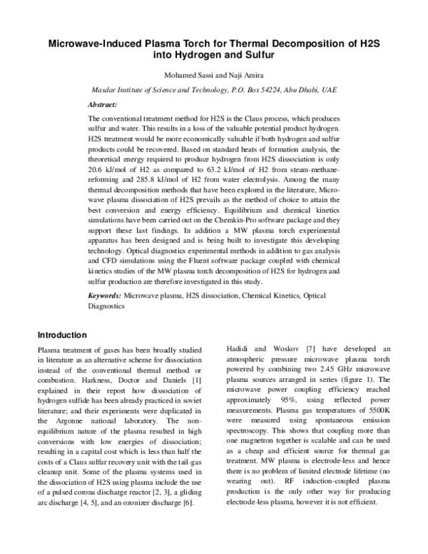 (PDF) Microwave-Induced Plasma Torch for Thermal Decomposition of H2S ...