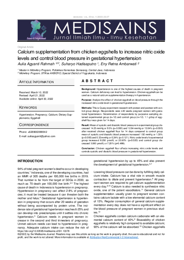 (PDF) Calcium supplementation from chicken eggshells to increase nitric ...