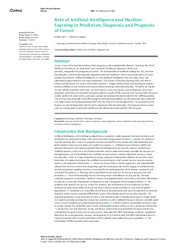 (PDF) Role of Artificial Intelligence and Machine Learning in Prediction, Diagnosis, and ...