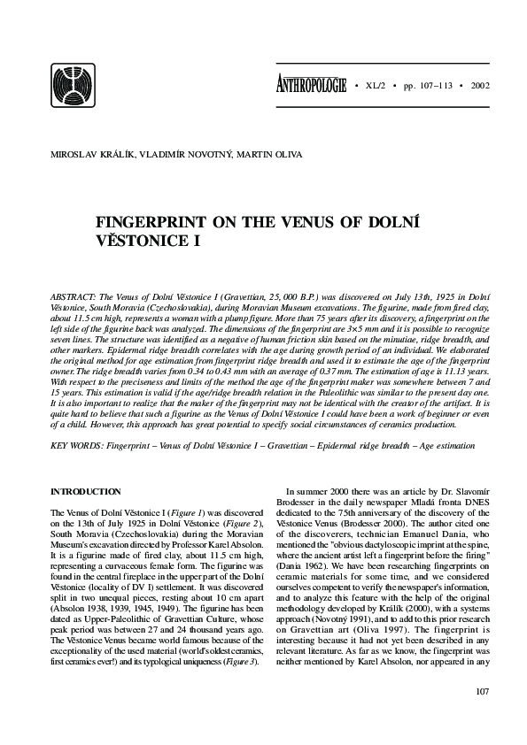 (PDF) Fingerprint on the Venus of Dolní Věstonice I (Pavlovian, 25,000 BC)