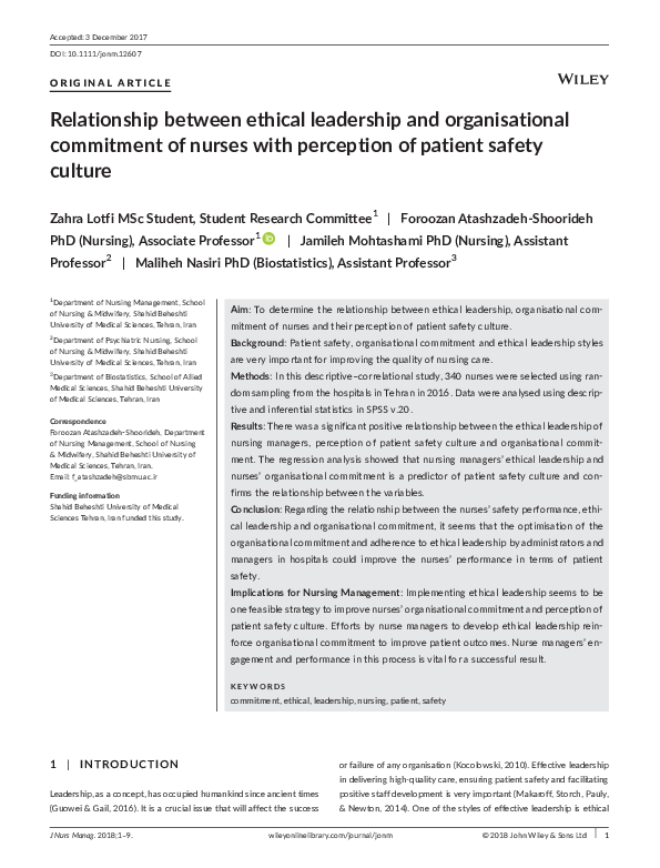 (PDF) Relationship between ethical leadership and organisational commitment of nurses with ...