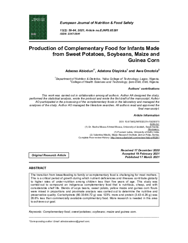 (PDF) Production of Complementary Food for Infants Made from Sweet ...
