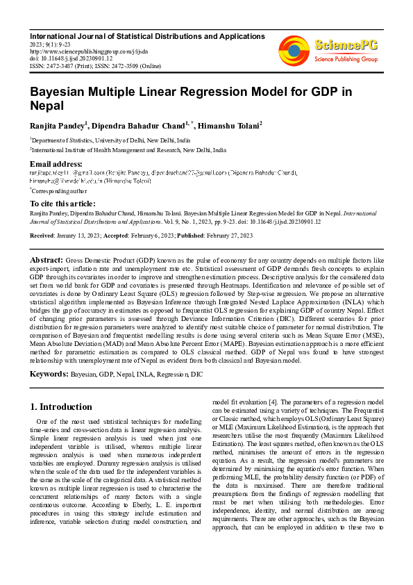 Pdf Bayesian Multiple Linear Regression Model For Gdp In Nepal