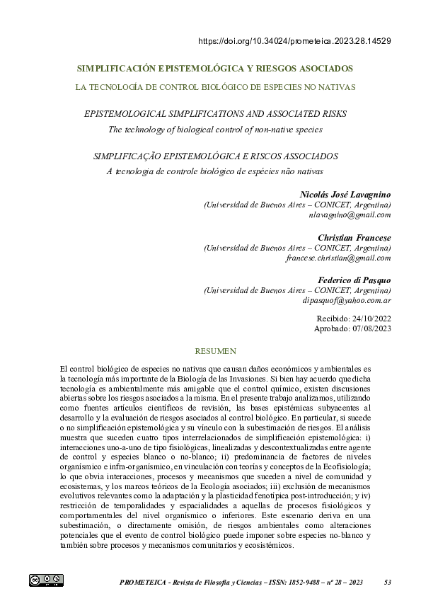 (PDF) Simplificación epistemológica y riesgos asociados. La tecnología de control biológico de ...