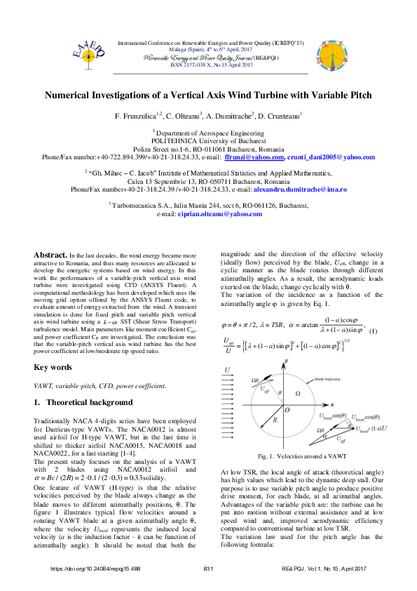 (PDF) Numerical Investigations of a Vertical Axis Wind Turbine with Variable Pitch