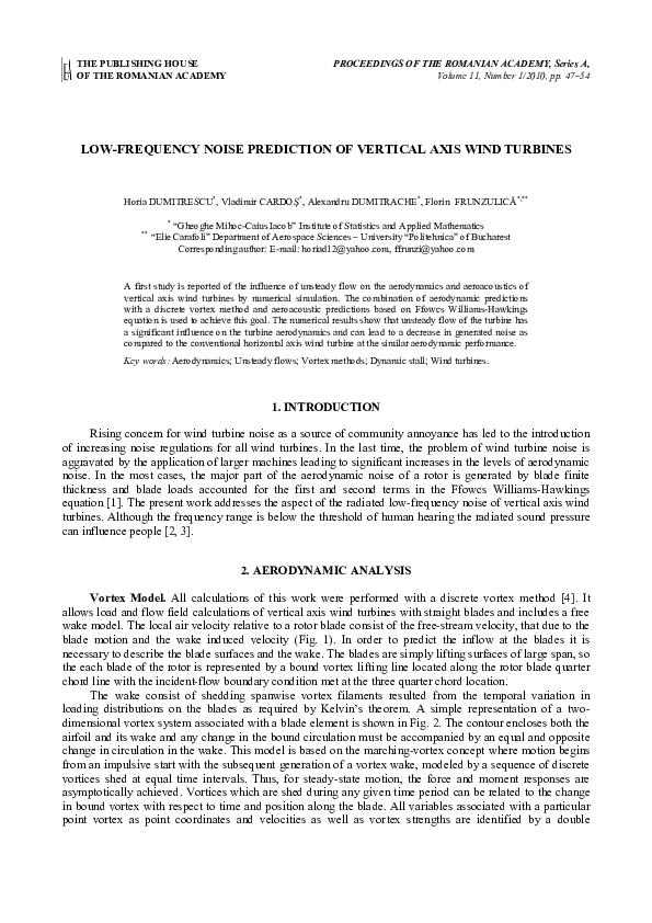 Pdf Low Frequency Noise Prediction Of Vertical Axis Wind Turbines Alexandru Dumitrache
