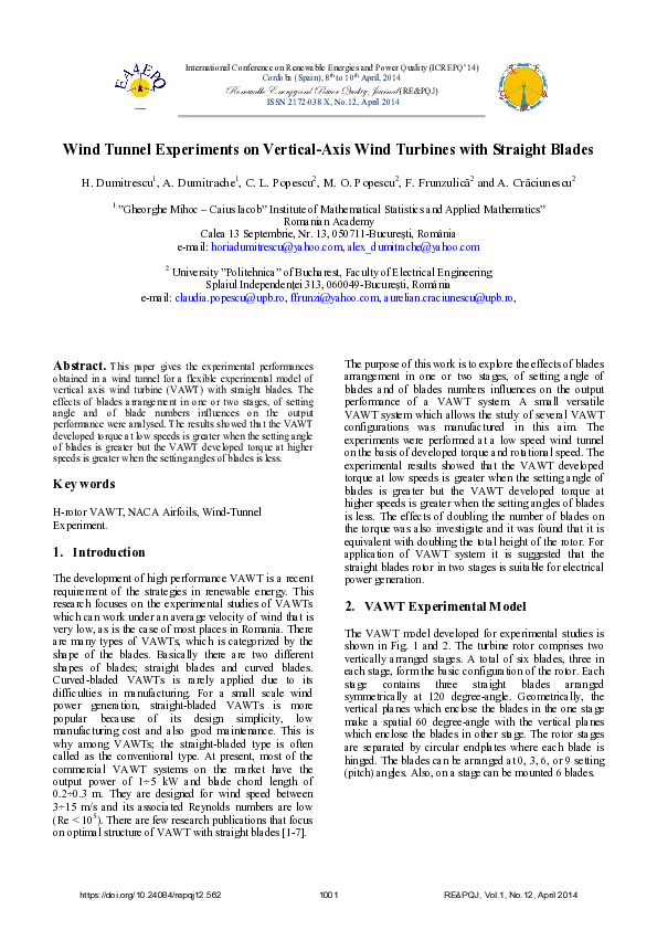 Pdf Wind Tunnel Experiments On Vertical Axis Wind Turbines With