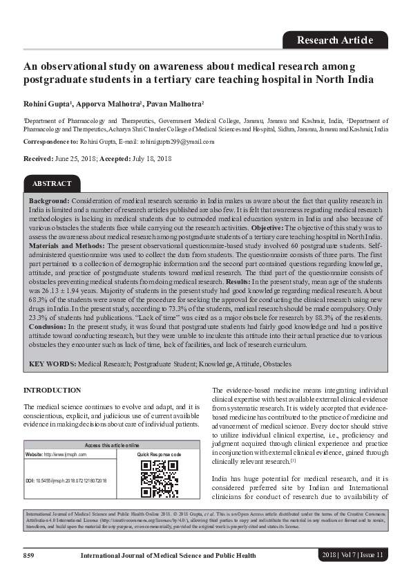(PDF) An observational study on awareness about medical research among ...