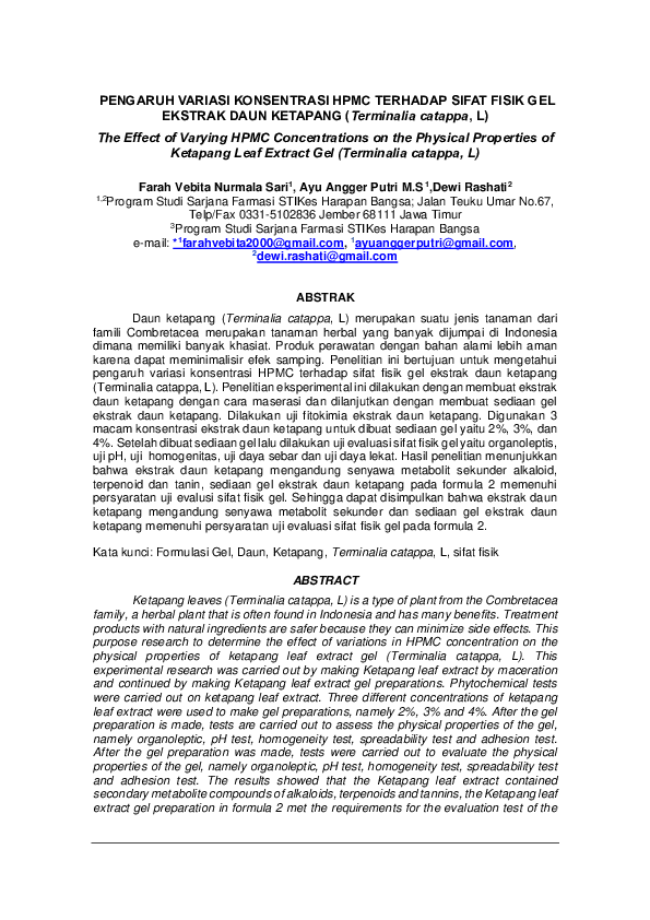 (PDF) PENGARUH VARIASI KONSENTRASI HPMC TERHADAP SIFAT FISIK GEL EKSTRAK DAUN KETAPANG ...