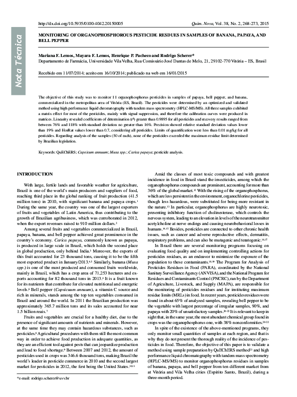 (PDF) Monitoring of Organophosphorous Pesticide Resdues in Samples of ...