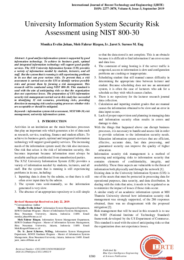 (PDF) University Information System Security Risk Assessment using NIST ...