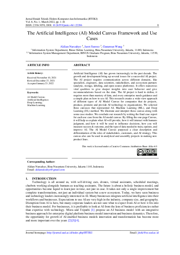 (PDF) The Artificial Intelligence (AI) Model Canvas Framework and Use Cases