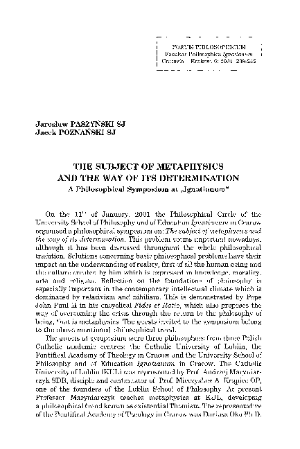 (PDF) The Subject of Metaphysics and the Way of its Determination