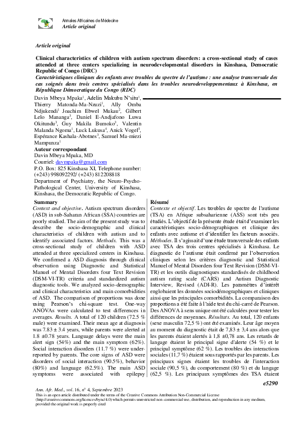 (PDF) Clinical characteristics of children with autism spectrum disorders: a cross-sectional ...
