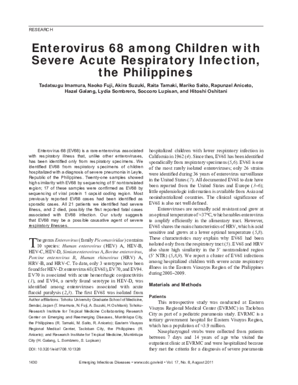 (PDF) Enterovirus 68 among Children with Severe Acute Respiratory Infection, the Philippines