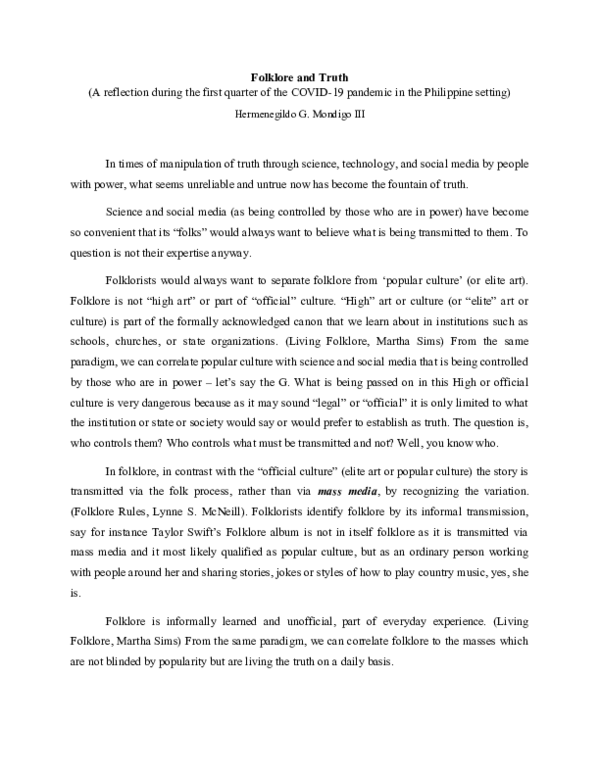(DOC) Folklore and Truth (A reflection during the first quarter of the COVID-19 pandemic in the ...