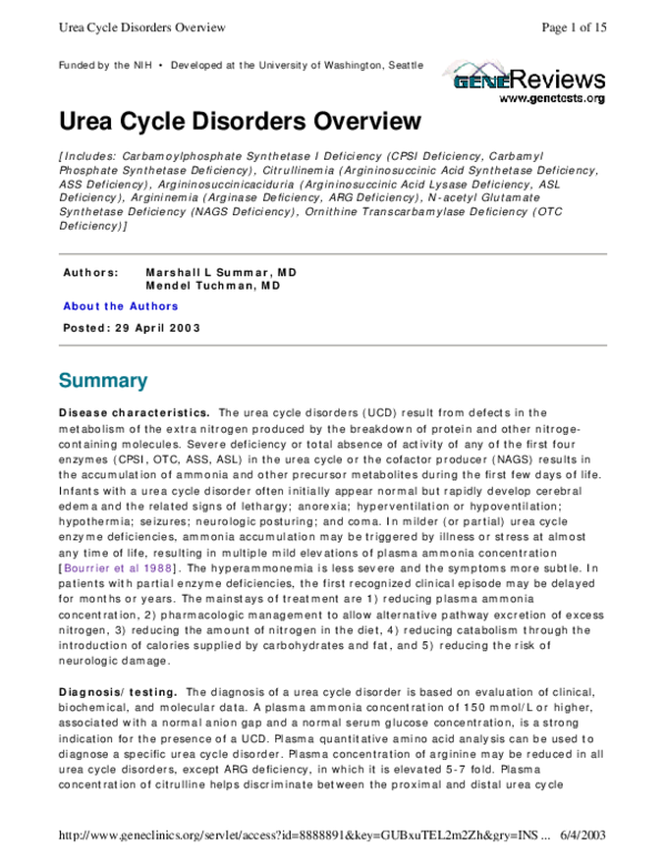 (PDF) Urea Cycle Disorders Overview