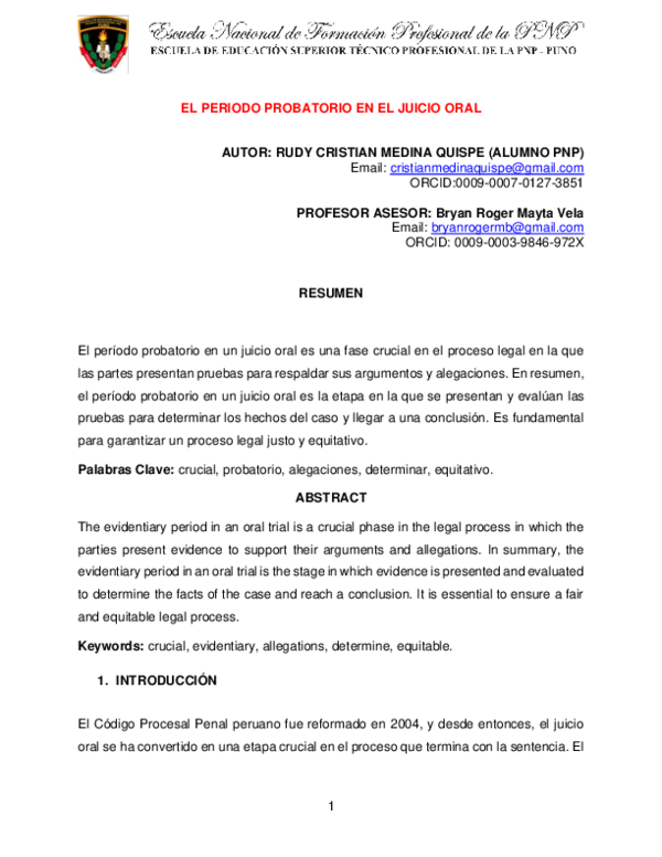 (PDF) EL PERIODO PROBATORIO EN EL JUICIO ORAL AUTOR: RUDY CRISTIAN ...