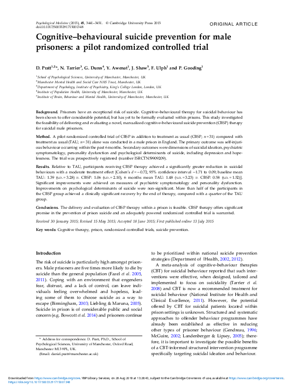 Pdf Cognitive Behavioural Suicide Prevention For Male Prisoners A