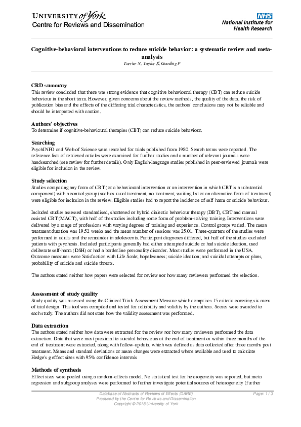 (PDF) Cognitive-Behavioral Interventions to Reduce Suicide Behavior