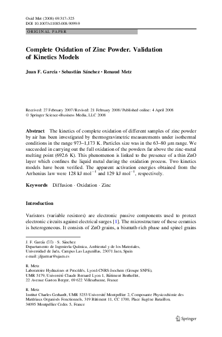 (PDF) Complete Oxidation of Zinc Powder. Validation of Kinetics Models