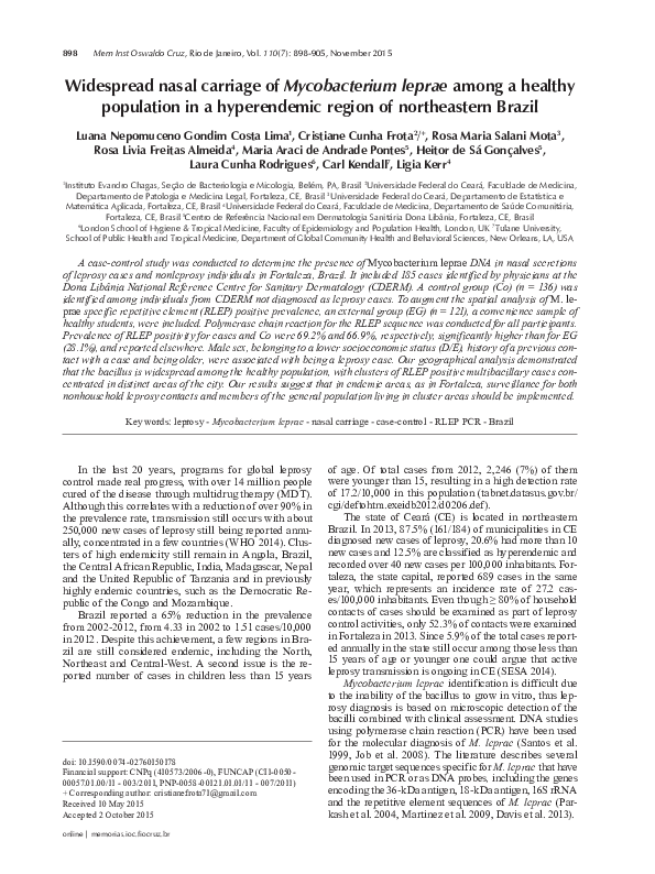 (PDF) Widespread nasal carriage of Mycobacterium lepraeamong a healthy ...