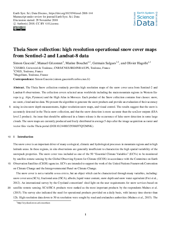 (PDF) Theia Snow collection: high resolution operational snow cover maps from Sentinel-2 and ...