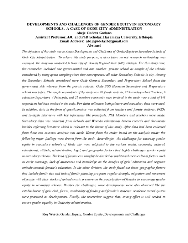 (DOC) DEVELOPMENTS AND CHALLENGES OF GENDER EQUITY IN SECONDARY SCHOOLS ...