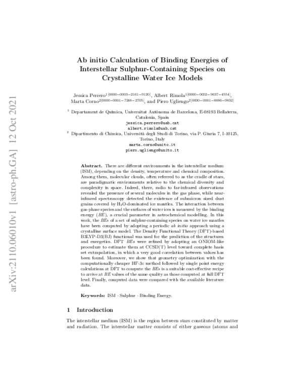 Pdf Ab Initio Calculation Of Binding Energies Of Interstellar Sulphur Containing Species On