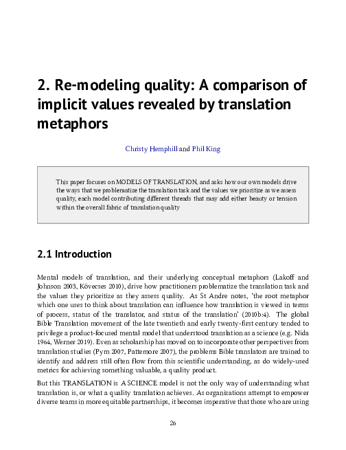 (PDF) 2. Re-modeling quality: A comparison of implicit values revealed by translation metaphors