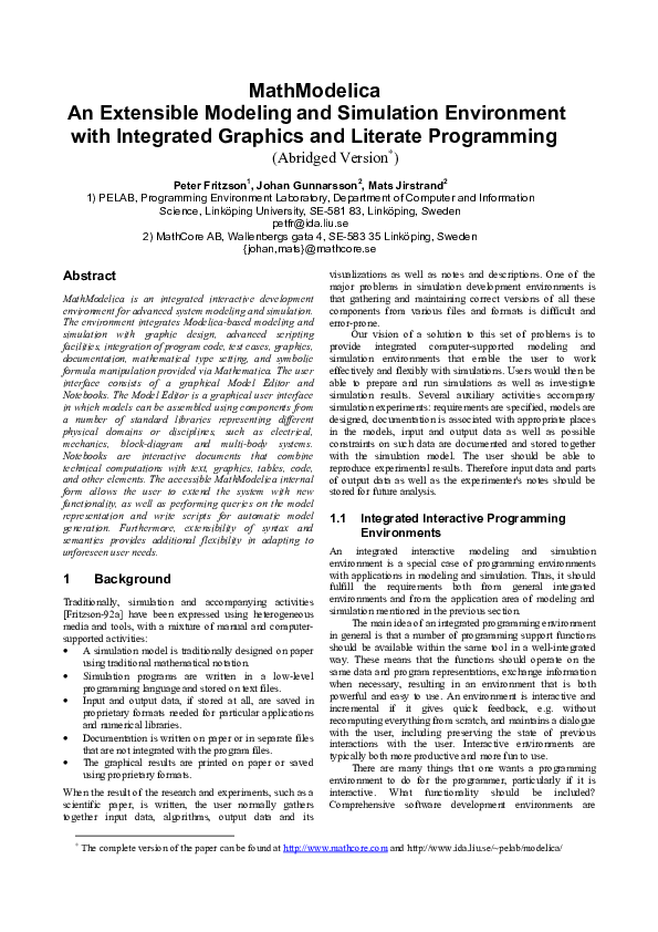 (PDF) MathModelica An Extensible Modeling and Simulation Environment with Integrated Graphics ...