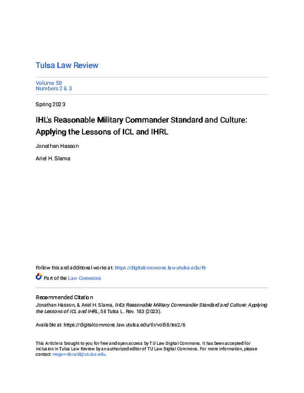 (PDF) IHL's Reasonable Military Commander Standard and Culture: Applying the Lessons of ICL and IHRL