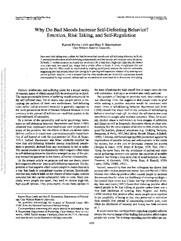 (PDF) Why do bad moods increase self-defeating behavior? Emotion, risk ...