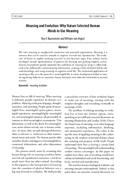 (PDF) Meaning and Evolution: Why Nature Selected Human Minds to Use Meaning